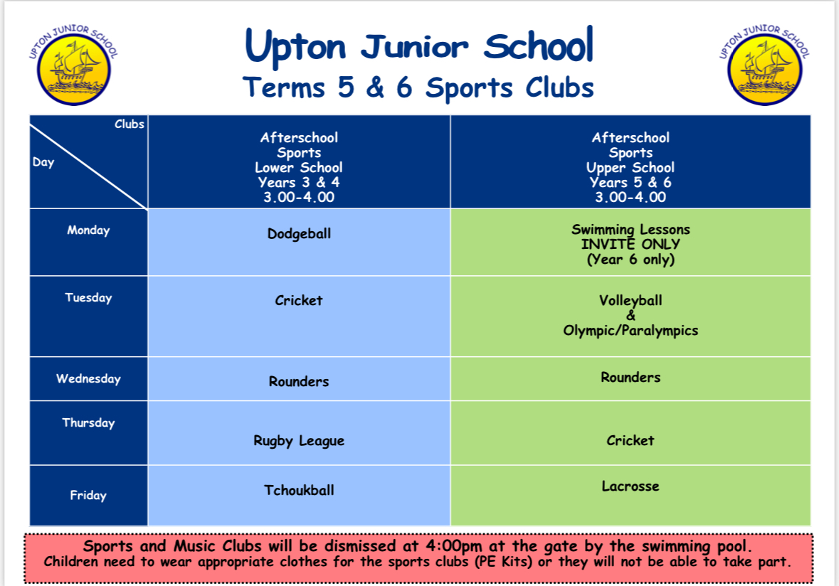 Upton Junior School - Sports Clubs